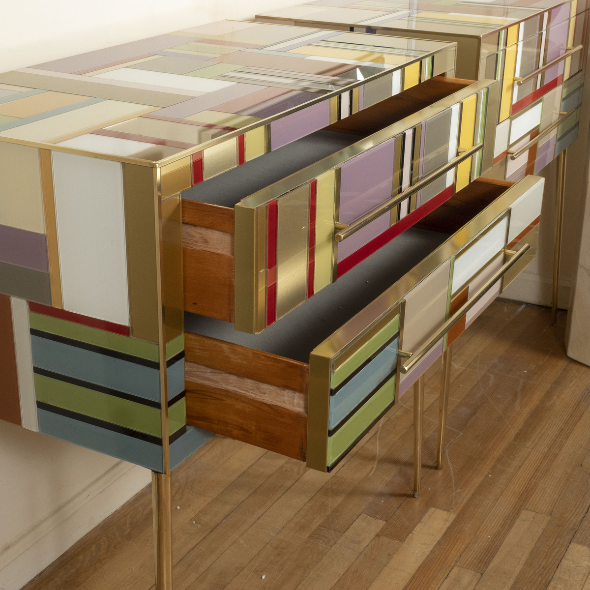 Brass and colorful stripy glass chest | Chest of Drawers | John Salibello