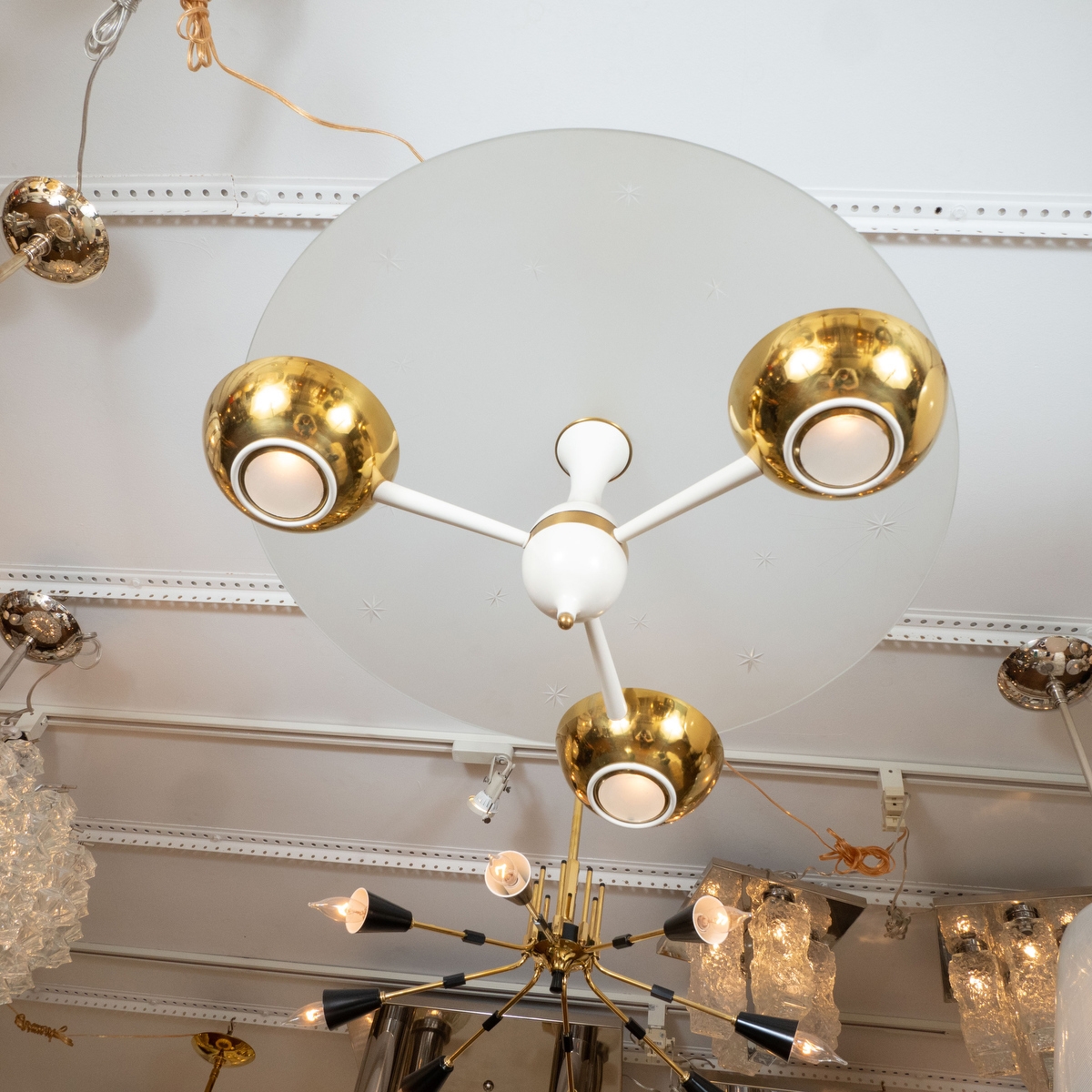 Brass ceiling fixture with etched glass shade | Chandeliers & Pendants ...