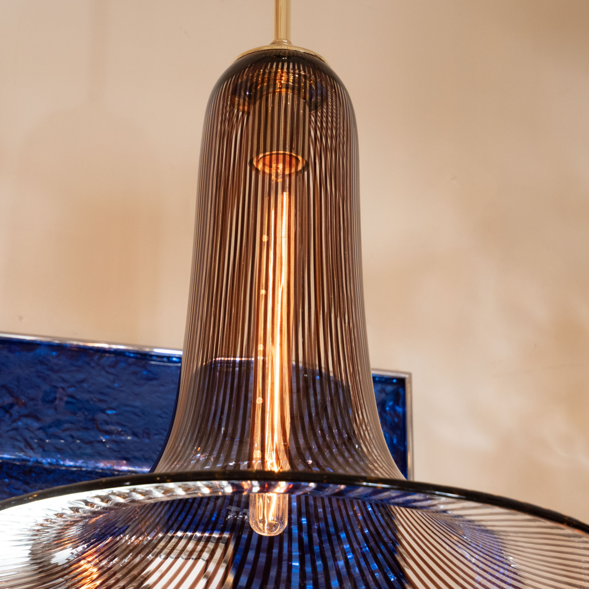 Brass pendant fixture with bell form striped shade | Chandeliers ...