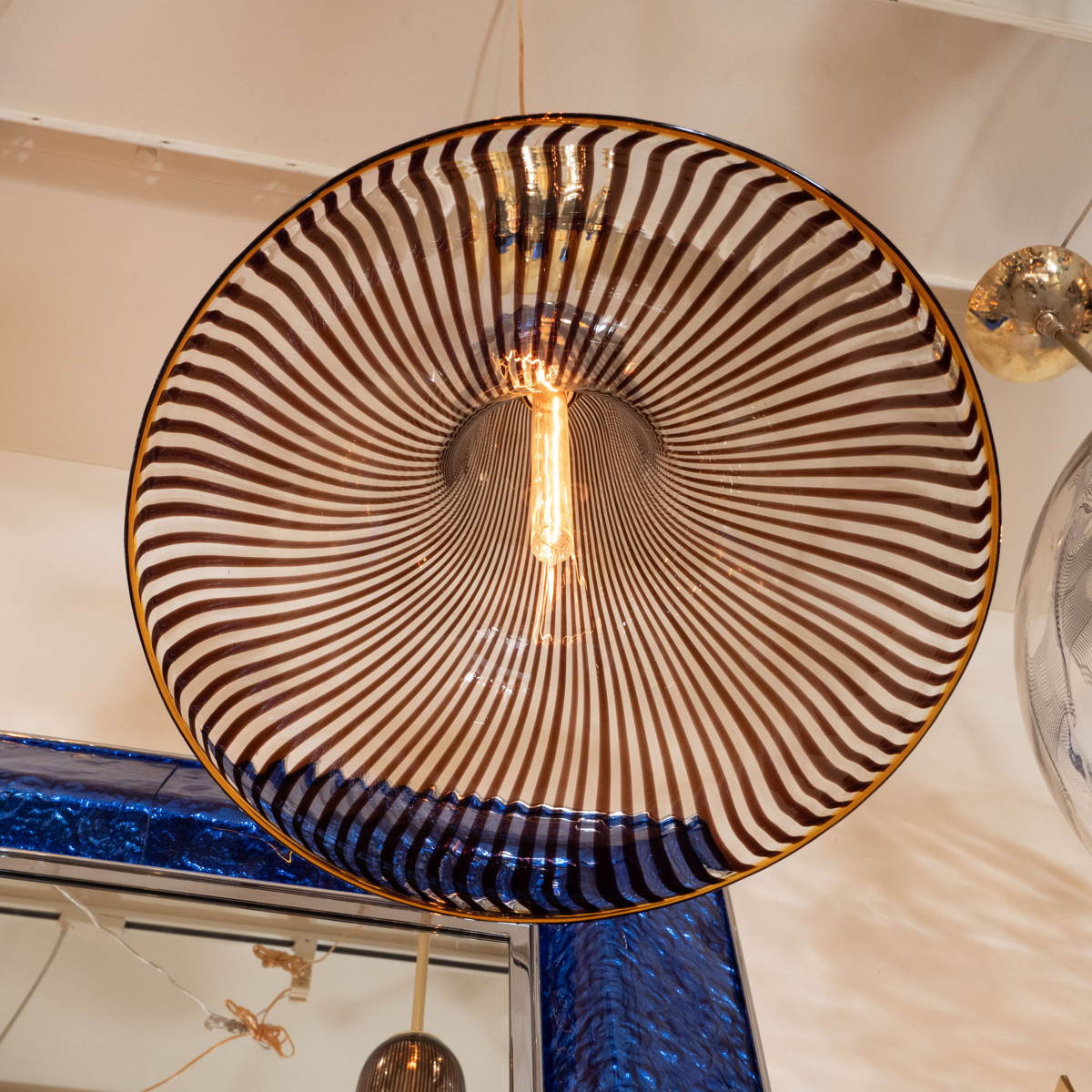 Brass pendant fixture with bell form striped shade | Chandeliers ...